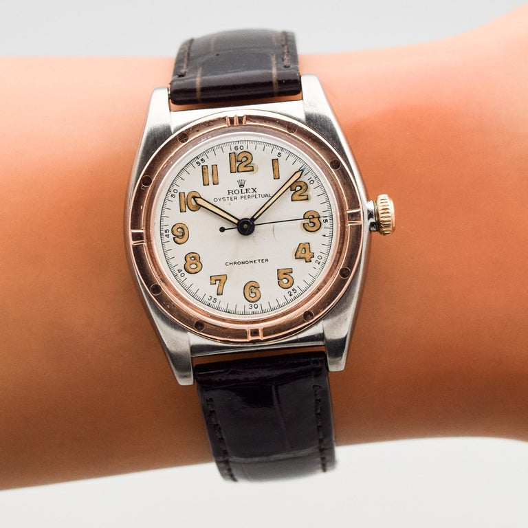 Vintage Rolex Bubbleback Reference 3372 Rose Gold and Stainless Steel Watch 1944 at 1stDibs ...