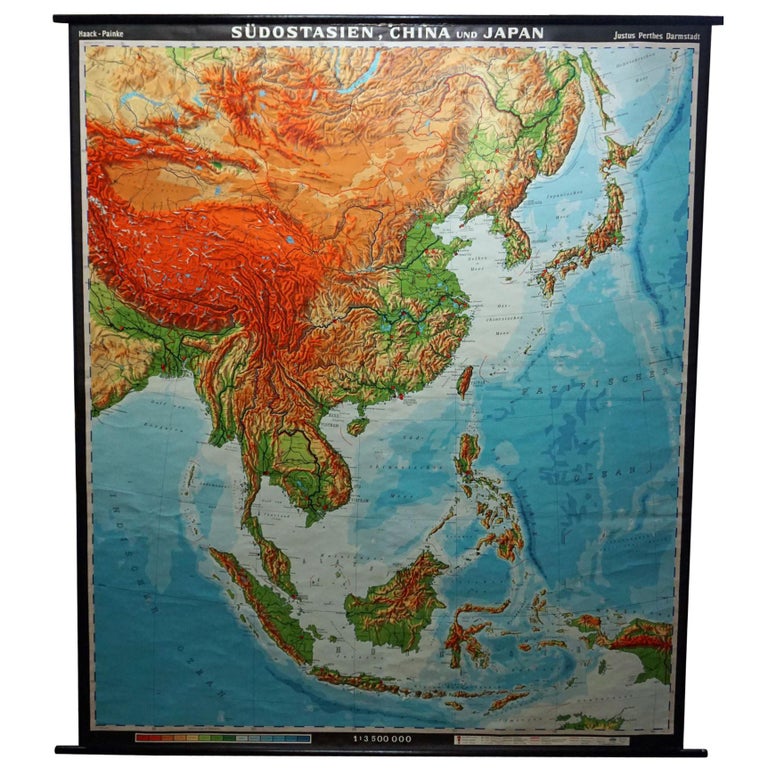 Vintage Rollable Map Southeast Asia China Japan Wall Chart For Sale at ...