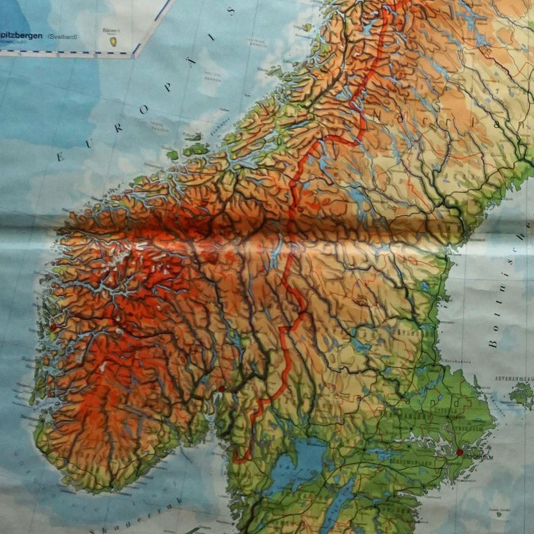 Vintage Rollable Map Wall Chart Print Scandinavia Norway Sweden Finland ...