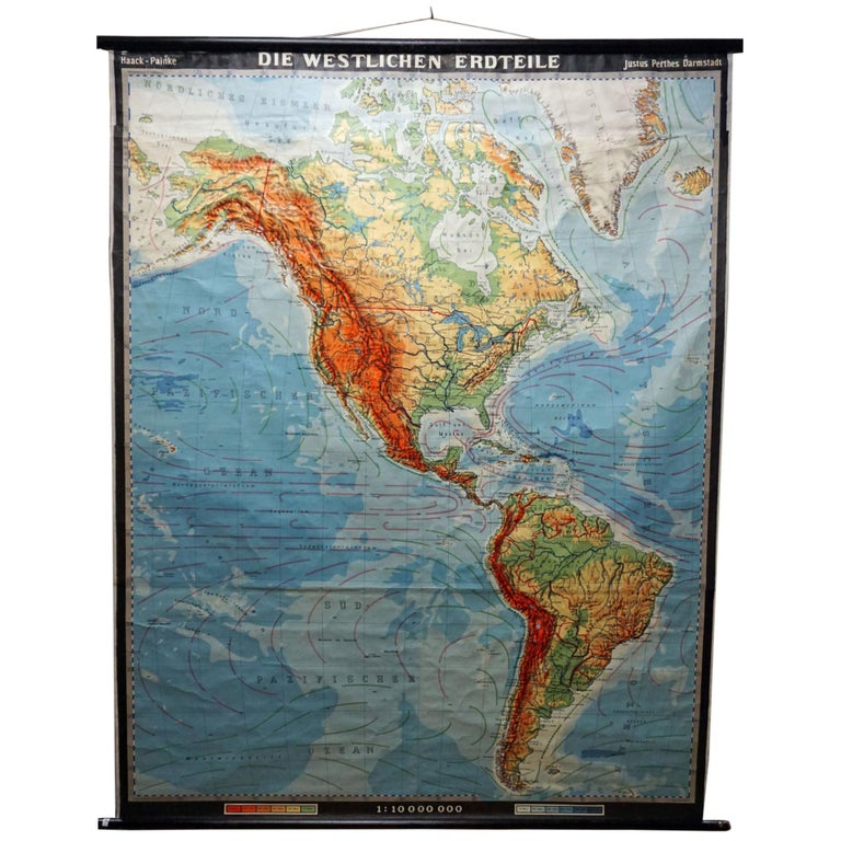 Vintage Rollable Map Western Part of the World Americas For Sale at 1stDibs