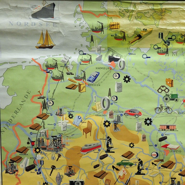 Vintage Rollable Wall Chart Poster Geographical Map Germany Industry ...