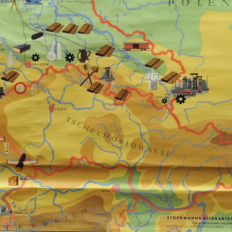 Vintage Rollable Wall Chart Poster Geographical Map Germany Industry ...