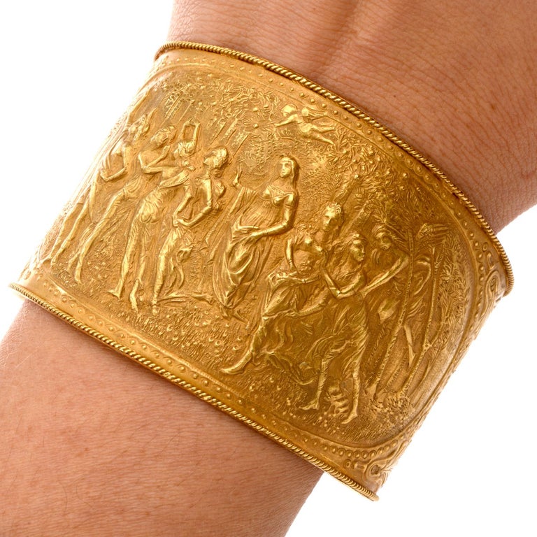 Vintage Roman Filigree 18 Karat Yellow Gold Cuff Bangle Bracelet at ...