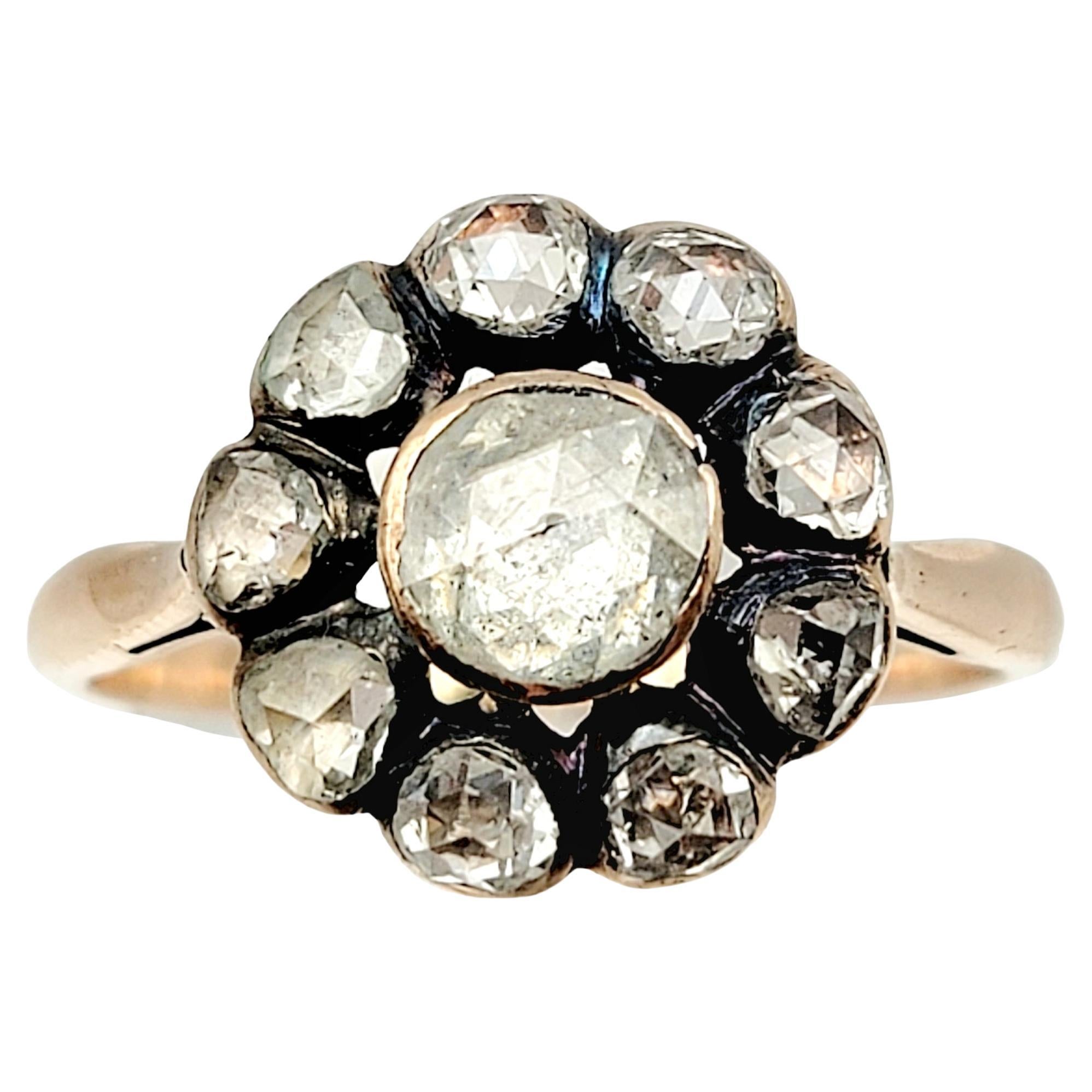 Vintage Rose Cut Diamond Flower Halo Cocktail Ring in 14 Karat Rose ...