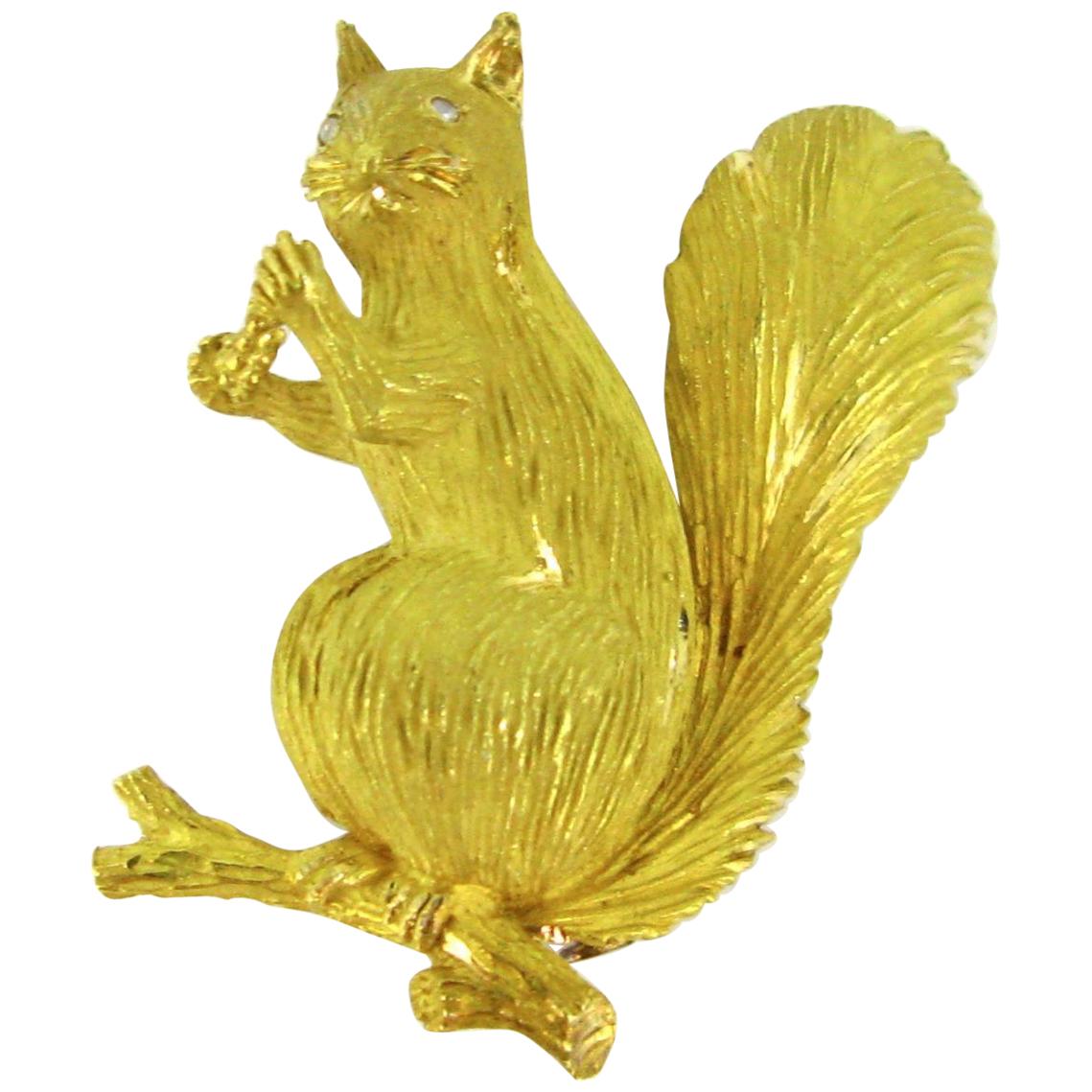 Vintage Rose Cut Diamonds Squirrel on a Branch Brooch, 18 Karat Yellow ...