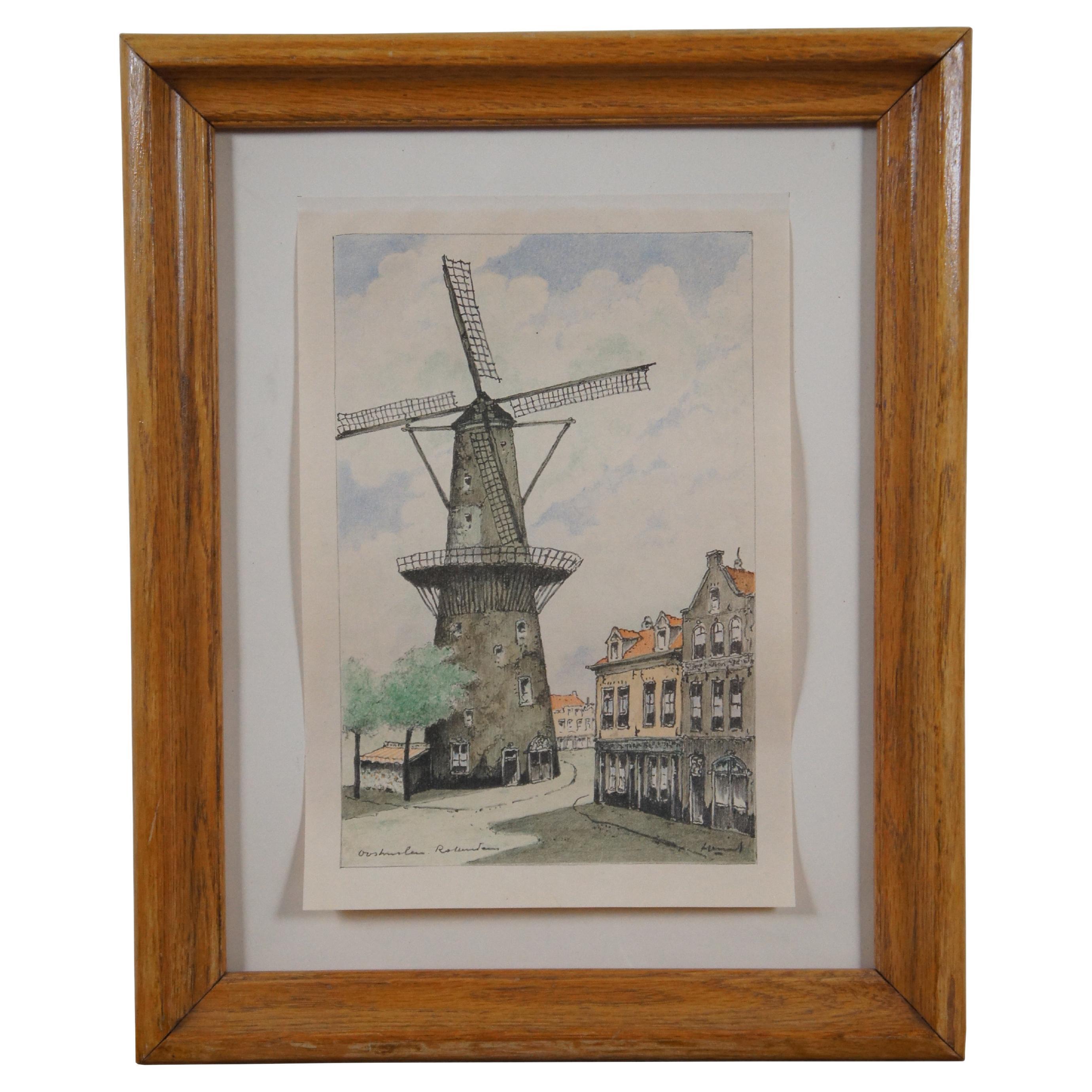 Vintage Rotterdam Dutch Windmill Offset Lithograph Print Framed For ...