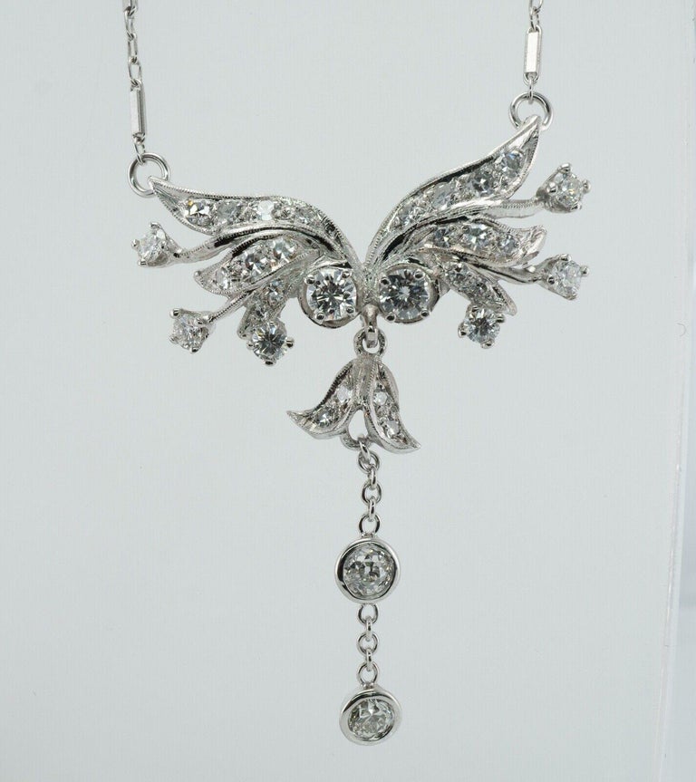 Vintage Round and Old mine Diamond Pendant Necklace 14K White Gold For ...