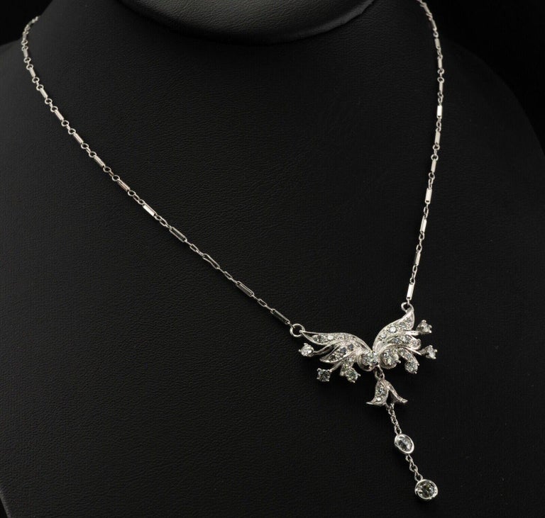 Vintage Round and Old mine Diamond Pendant Necklace 14K White Gold For ...