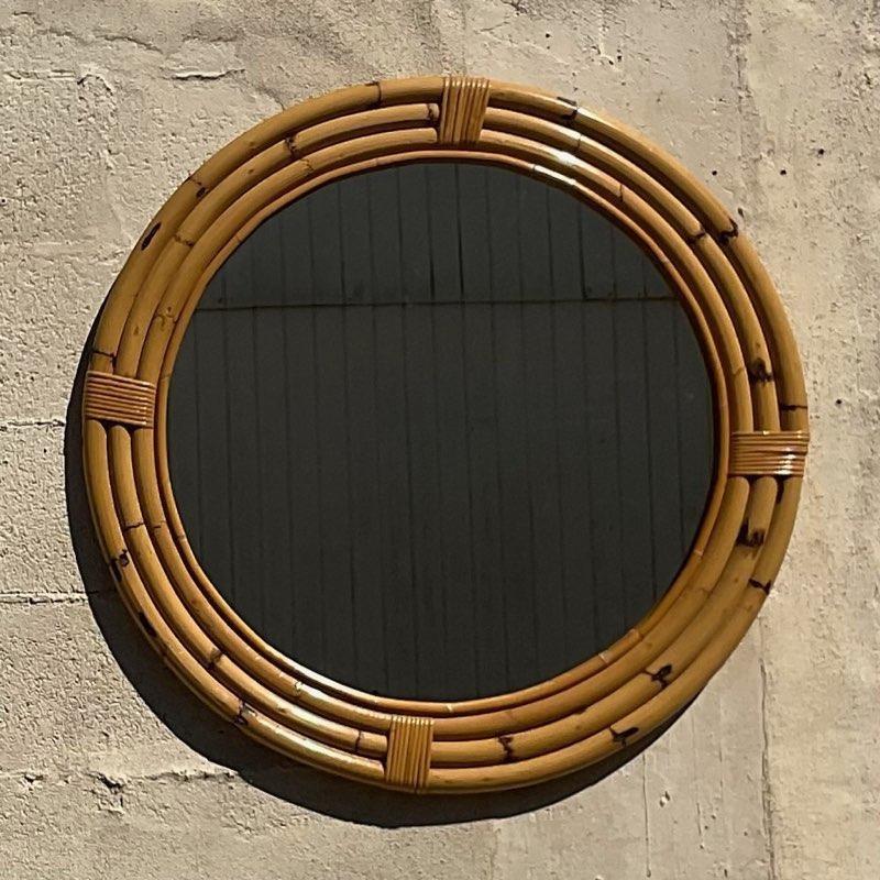 Vintage Round Bent Bamboo Mirror For Sale at 1stDibs