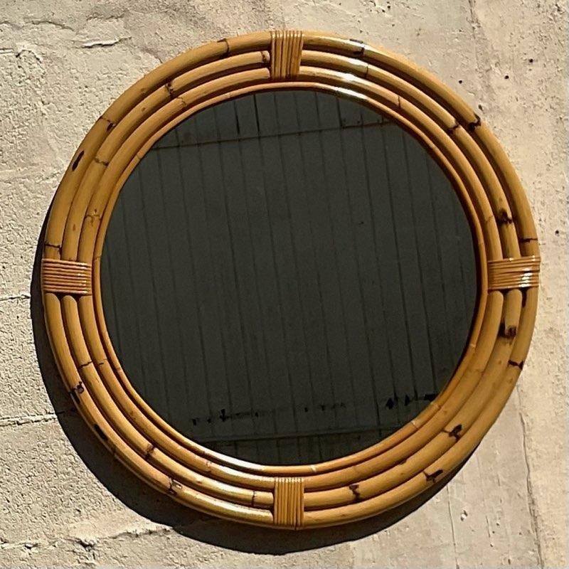 Vintage Round Bent Bamboo Mirror For Sale at 1stDibs