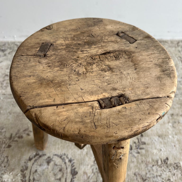 Vintage Round Elm Wood Side Table or Stool For Sale at 1stDibs