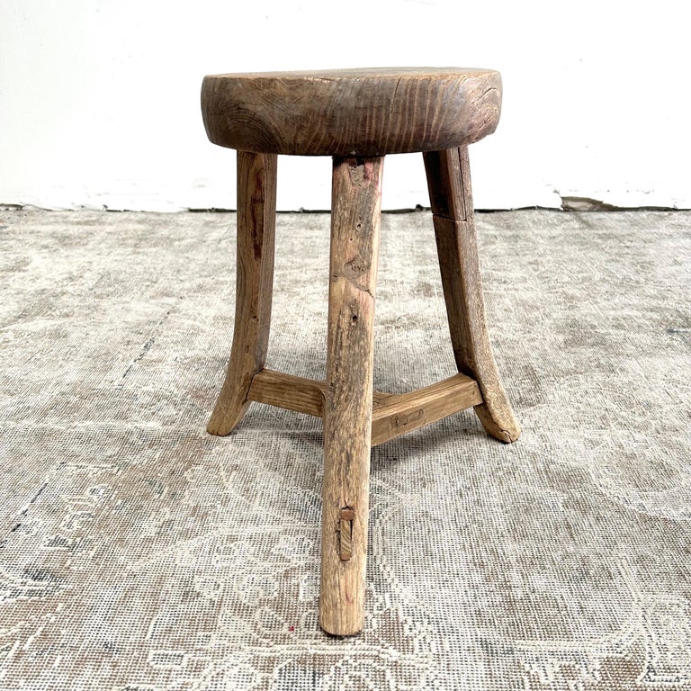Vintage Round Elm Wood Stool For Sale at 1stDibs
