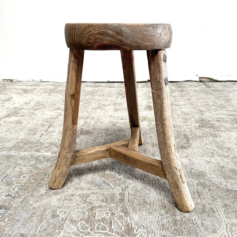 Vintage Round Elm Wood Stool For Sale at 1stDibs