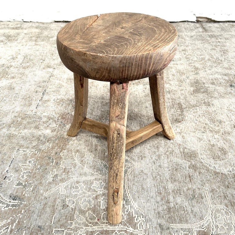 Vintage Round Elm Wood Stool For Sale at 1stDibs