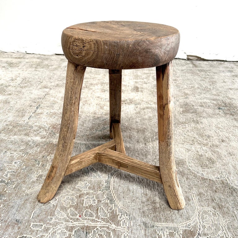 Vintage Round Elm Wood Stool For Sale at 1stDibs