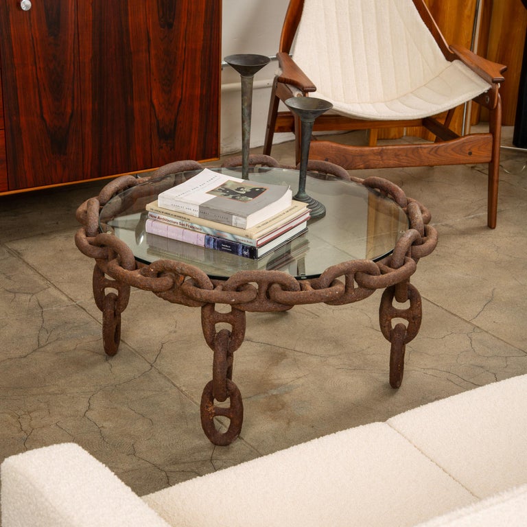 Vintage Round Iron Chain Link Glass Coffee Table For Sale at 1stdibs