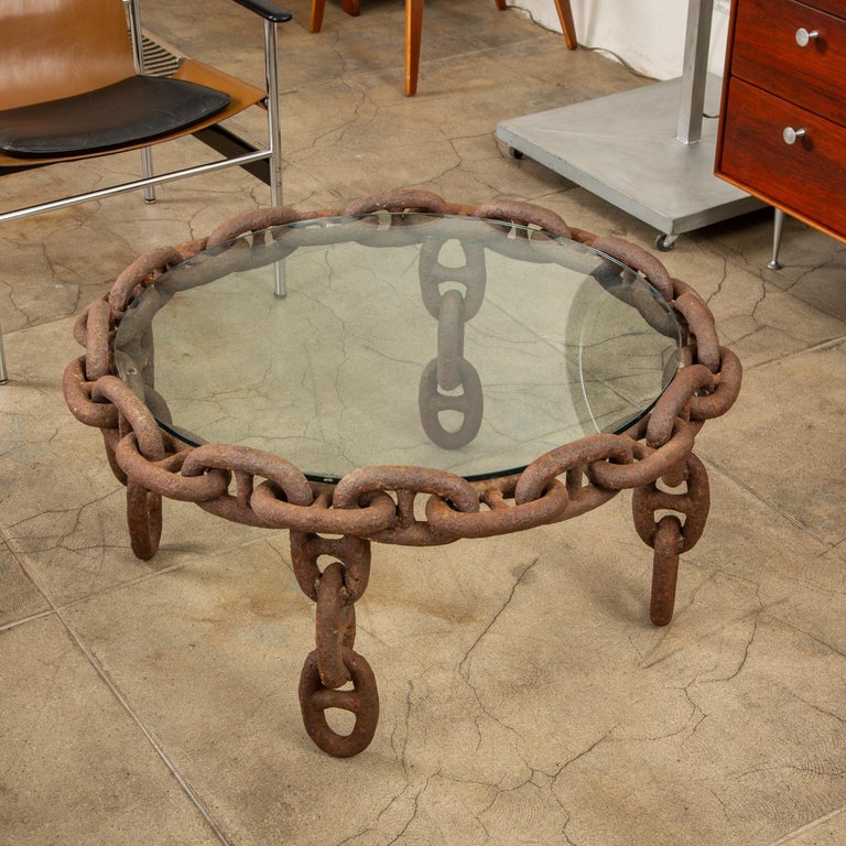 Vintage Round Iron Chain Link Glass Coffee Table For Sale at 1stdibs