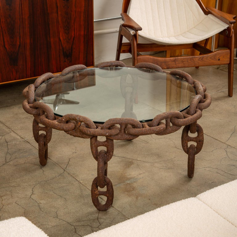 Vintage Round Iron Chain Link Glass Coffee Table For Sale at 1stdibs
