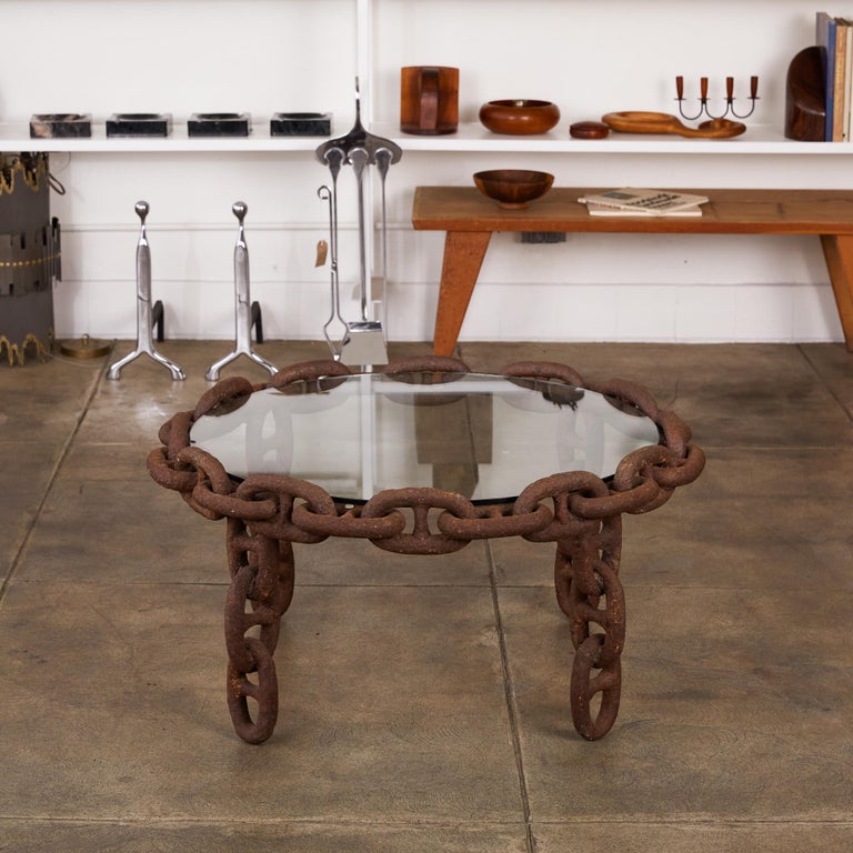 Vintage Round Iron Chain Link Glass Coffee Table at 1stDibs