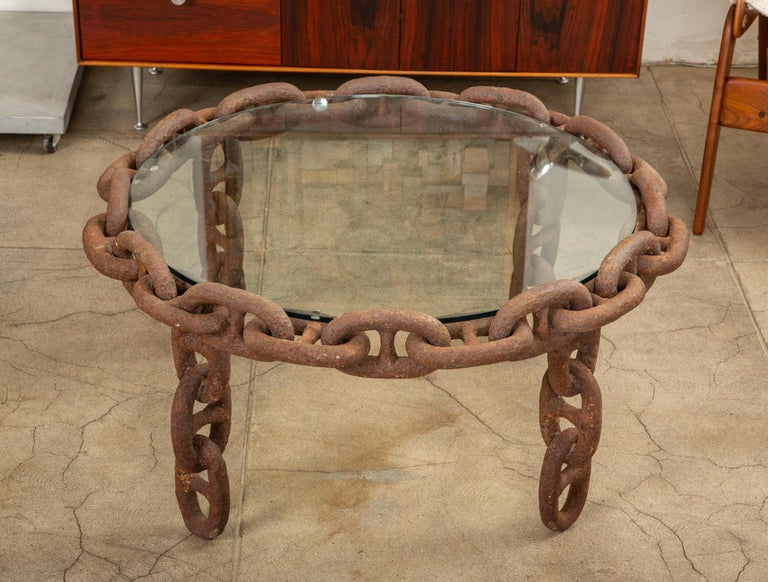 Vintage Round Iron Chain Link Glass Coffee Table For Sale at 1stdibs