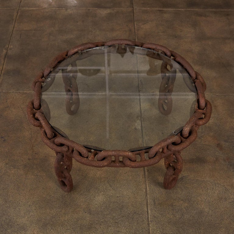 Vintage Round Iron Chain Link Glass Coffee Table at 1stDibs