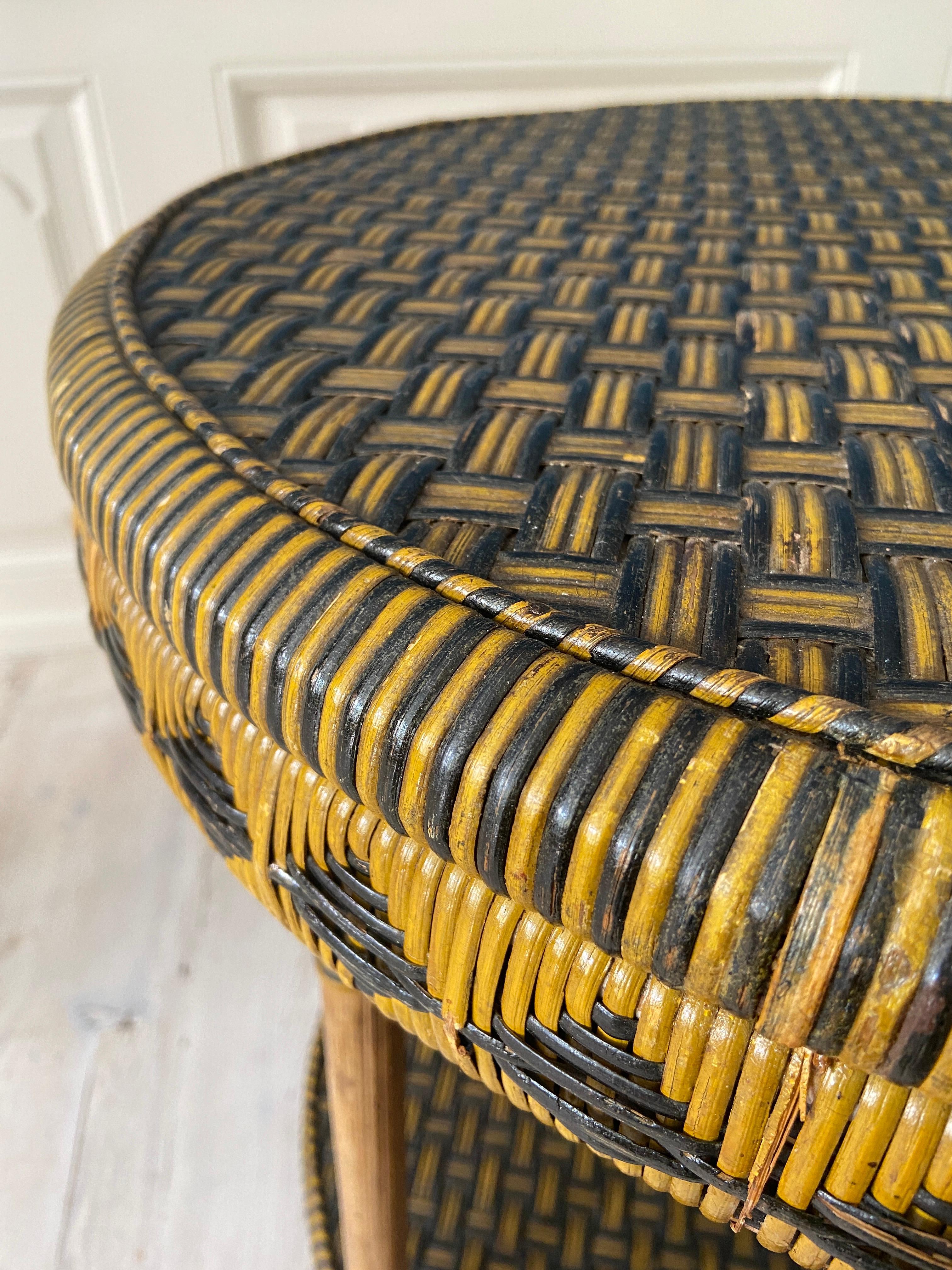 Vintage Round Rattan Table with Black and Yellow Woven Details, France ...
