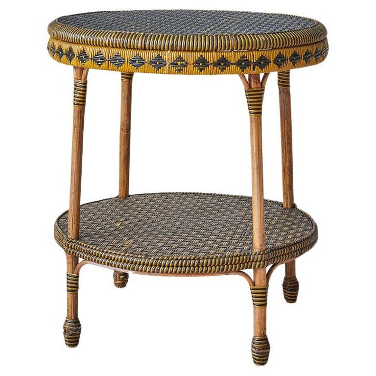 Vintage Round Rattan Table with Black and Yellow Woven Details, France ...