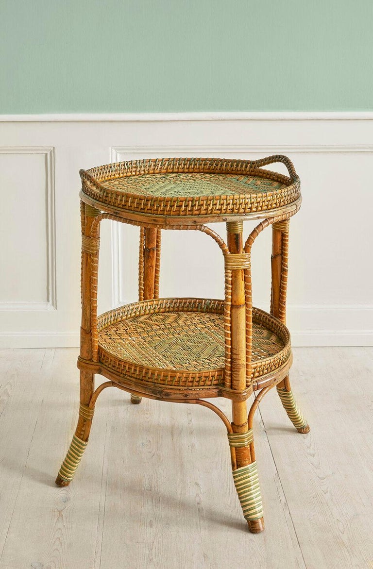 Vintage Round Rattan Table with Green Woven Details, France, 1920s For ...