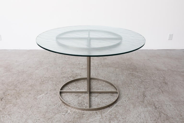 Vintage Round Steel and Textured Glass Dining Table For Sale at 1stDibs