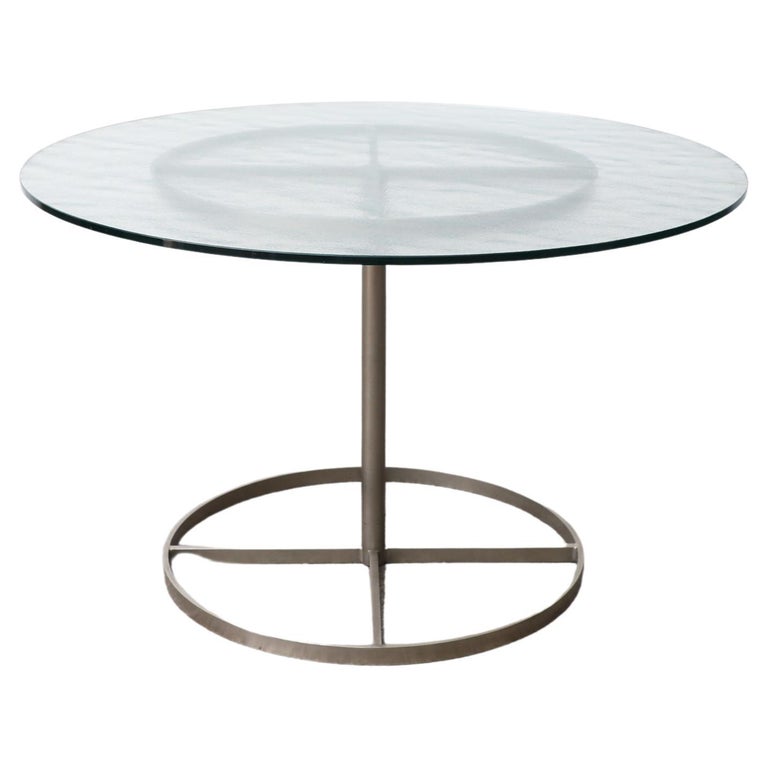 Vintage Round Steel and Textured Glass Dining Table For Sale at 1stDibs