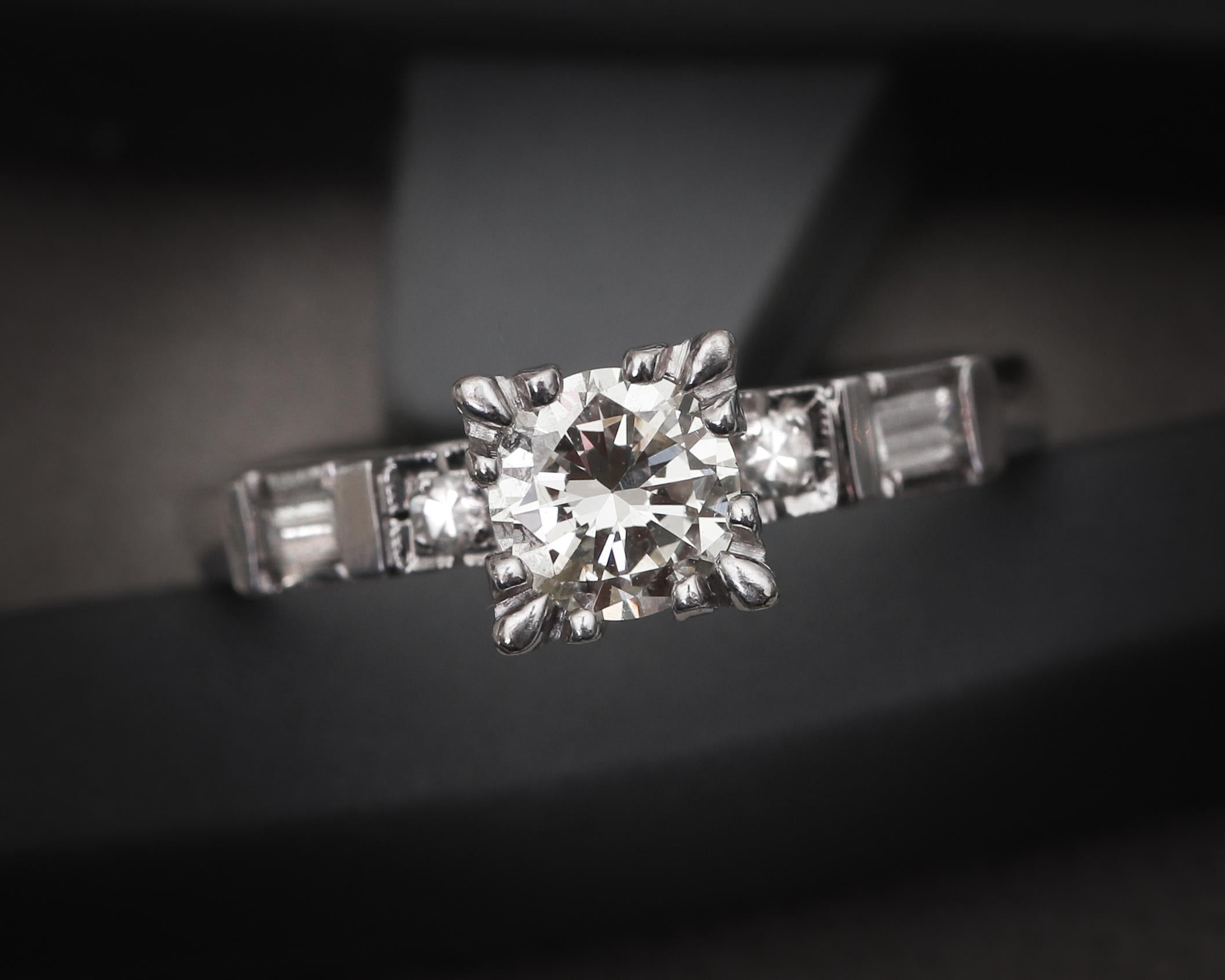 Vintage Round Transition Cut Diamond 14 Karat White Gold Retro Square ...