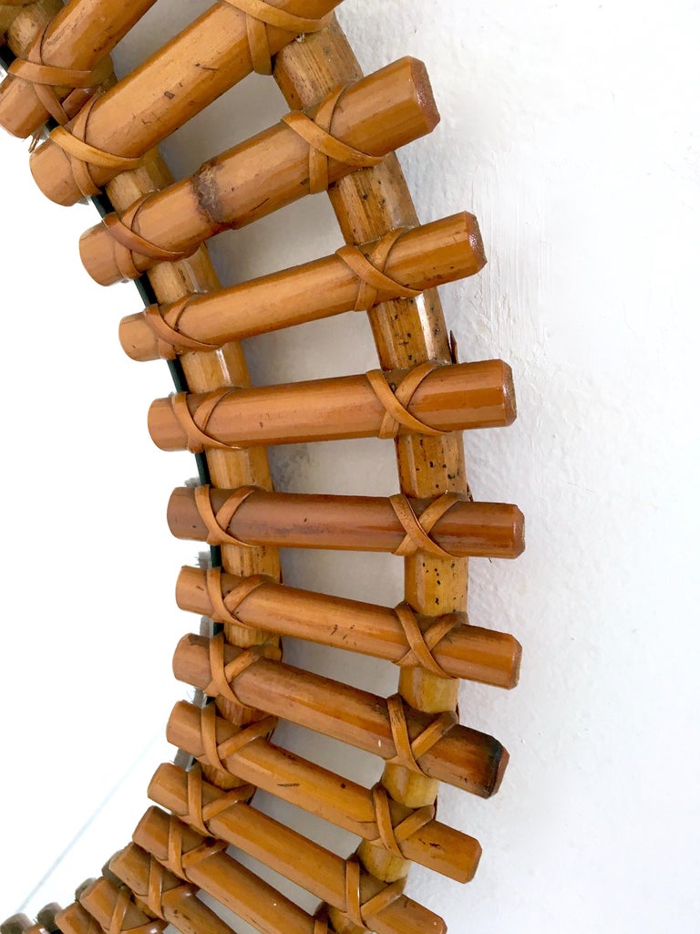 Vintage Round Wall Mirror in the Style of Franco Albini with Bamboo ...