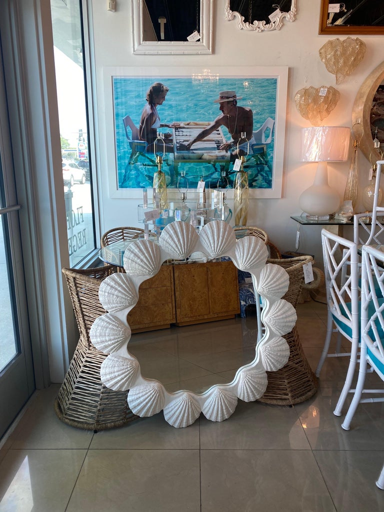 Vintage Round Lacquered Palm Beach Scallop Seashell Shell Mirror Two ...