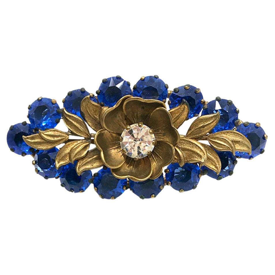 Vintage Royal Blue Crystal Glass Brooch For Sale at 1stDibs