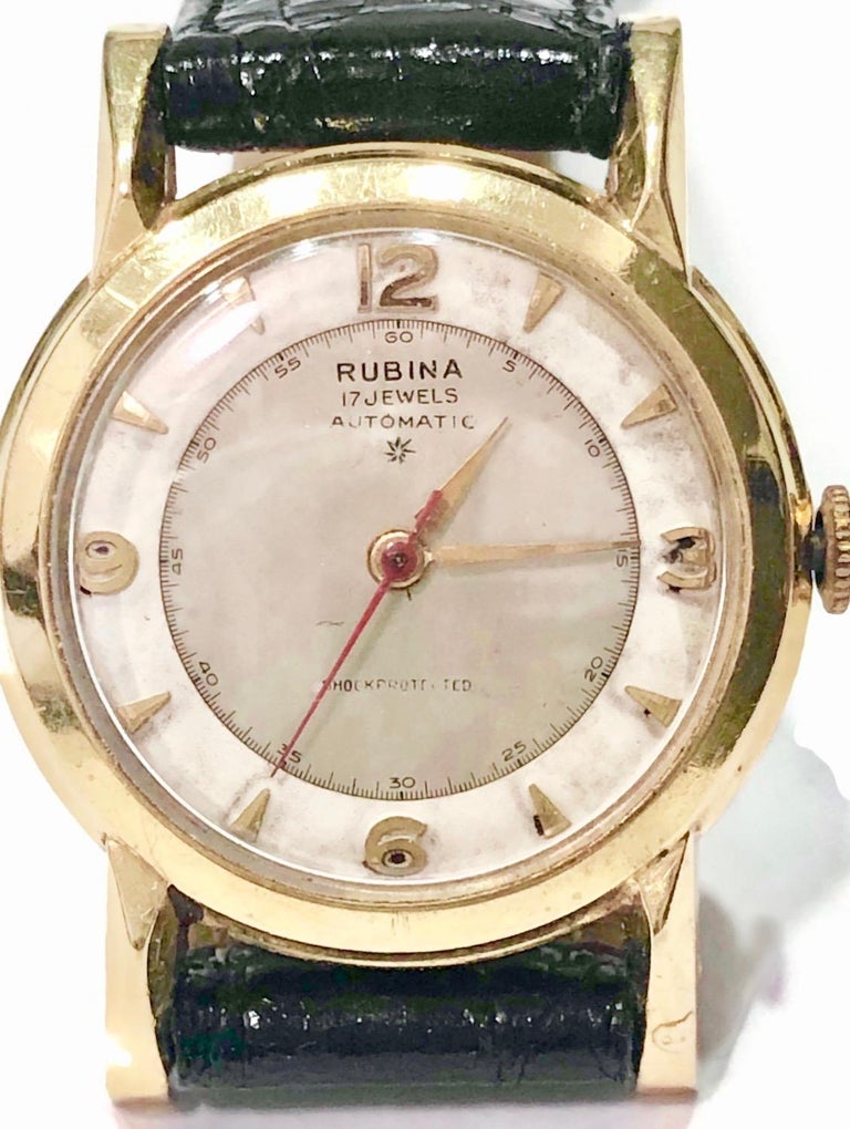 Vintage Rubina 14 Karat Gold Automatic Wristwatch with Black Crocodile ...