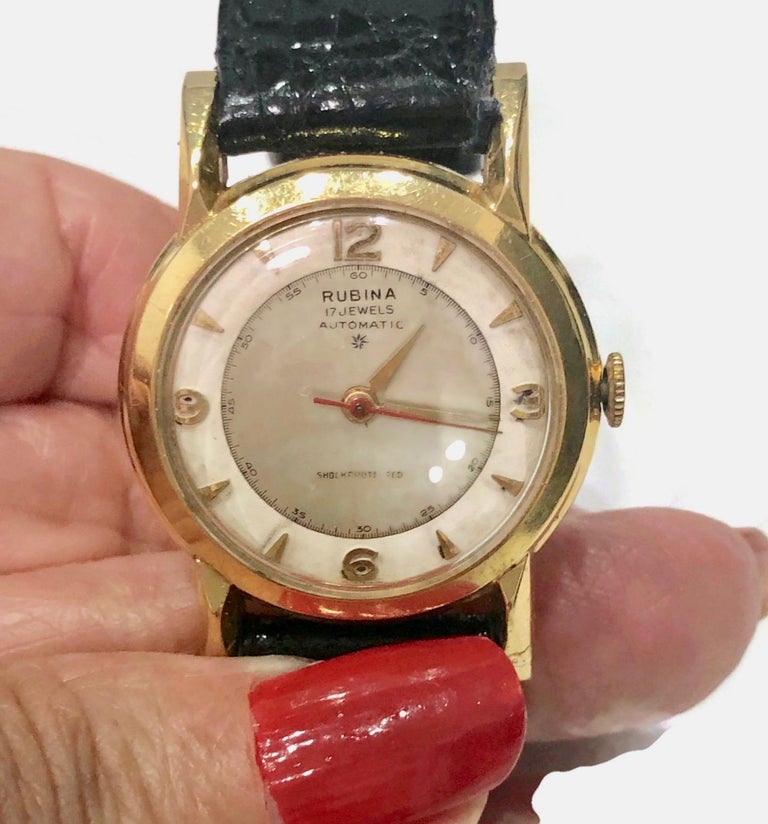 Vintage Rubina 14 Karat Gold Automatic Wristwatch with Black Crocodile ...