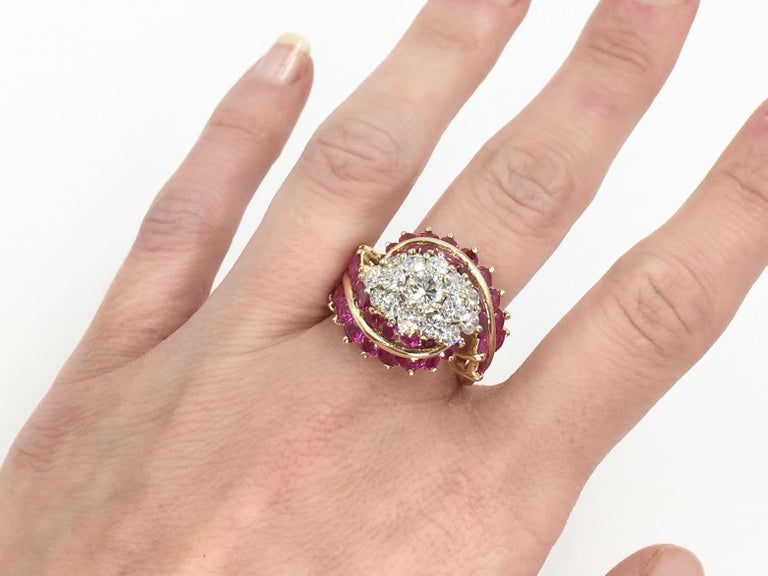 Vintage Ruby and Diamond 14 Karat Gold Cocktail Ring For Sale at 1stDibs
