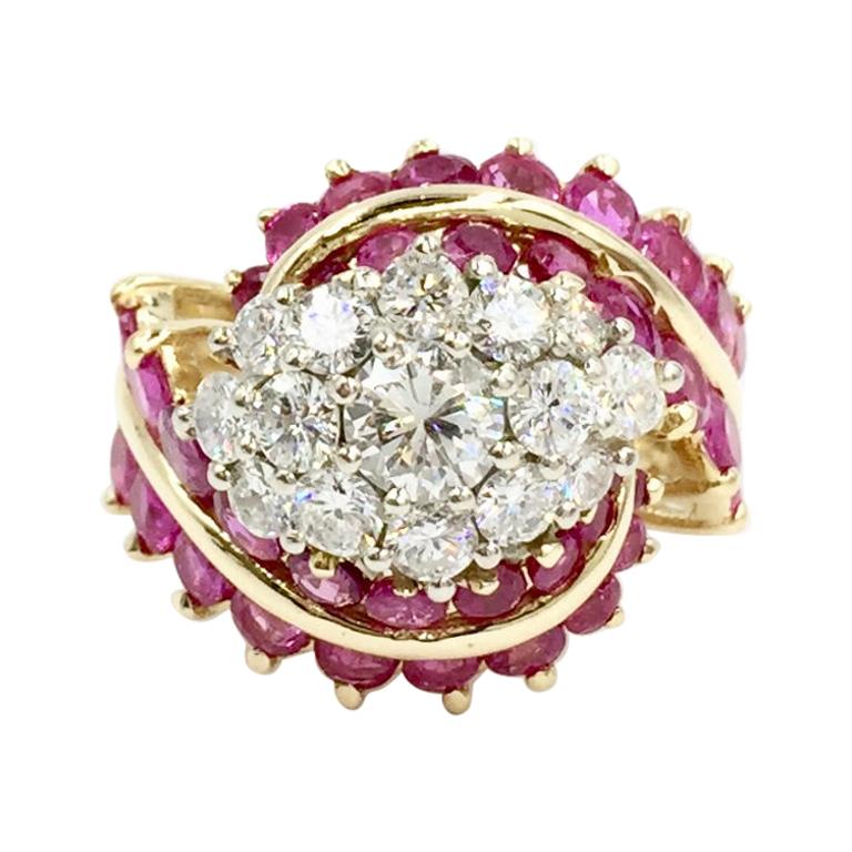 Vintage Ruby and Diamond 14 Karat Gold Cocktail Ring For Sale at 1stDibs