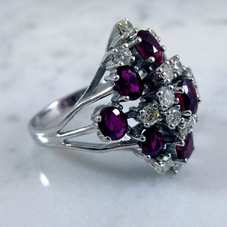 Vintage Ruby and Diamond Cluster Ring, White Gold, circa 1980s For Sale ...