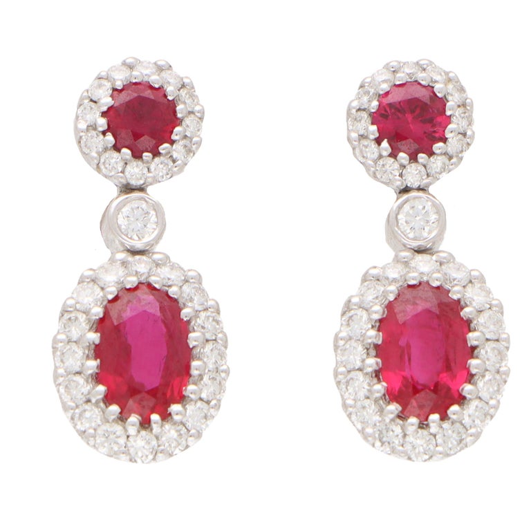 Vintage Ruby and Diamond Double Cluster Drop Earrings in 18k White Gold ...