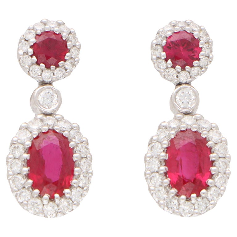 Vintage Ruby and Diamond Double Cluster Drop Earrings in 18k White Gold For Sale at 1stDibs
