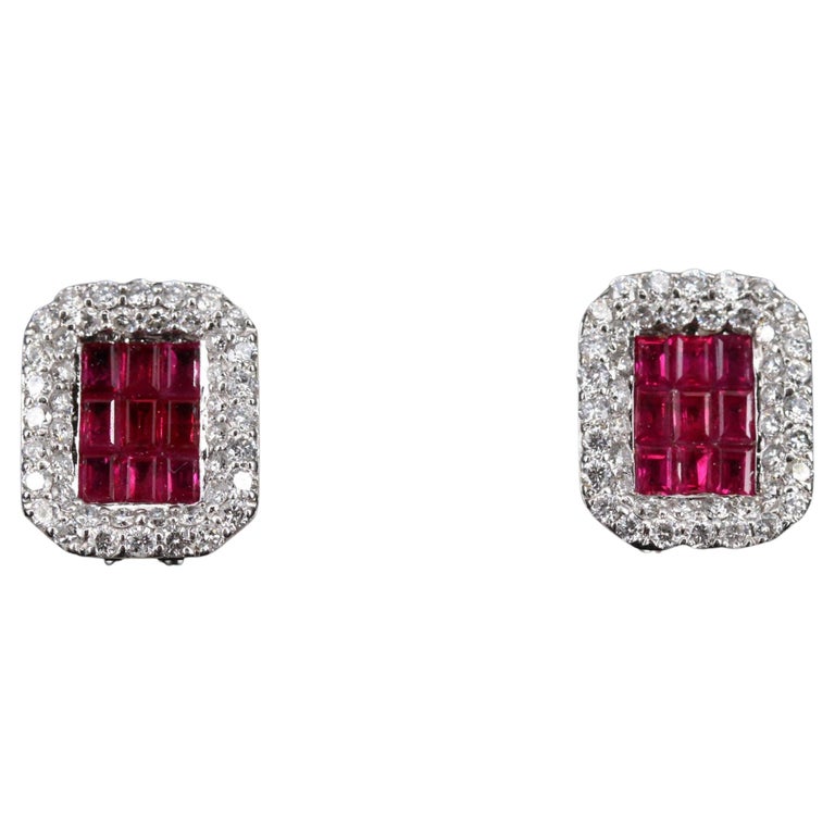 Vintage Ruby and Diamond Drop Earrings, Halo Ruby Gold Earrings for her ...