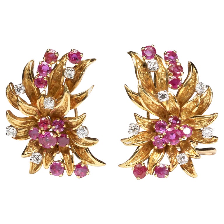 Vintage Ruby and Diamond Floral Earrings For Sale at 1stDibs