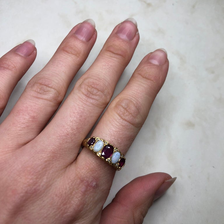 Vintage Ruby and Opal 18 Carat Gold Five-Stone Ring For Sale at 1stDibs