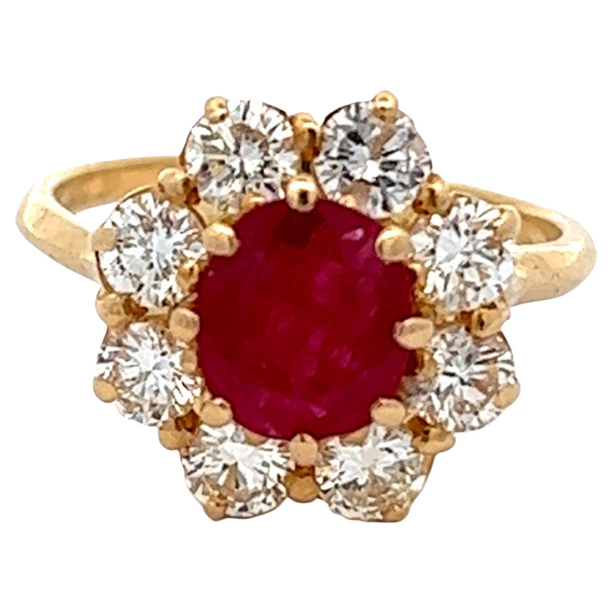 18 Karat Yellow Gold Oval Ruby Diamond Cluster Ring, circa 1970s at 1stDibs