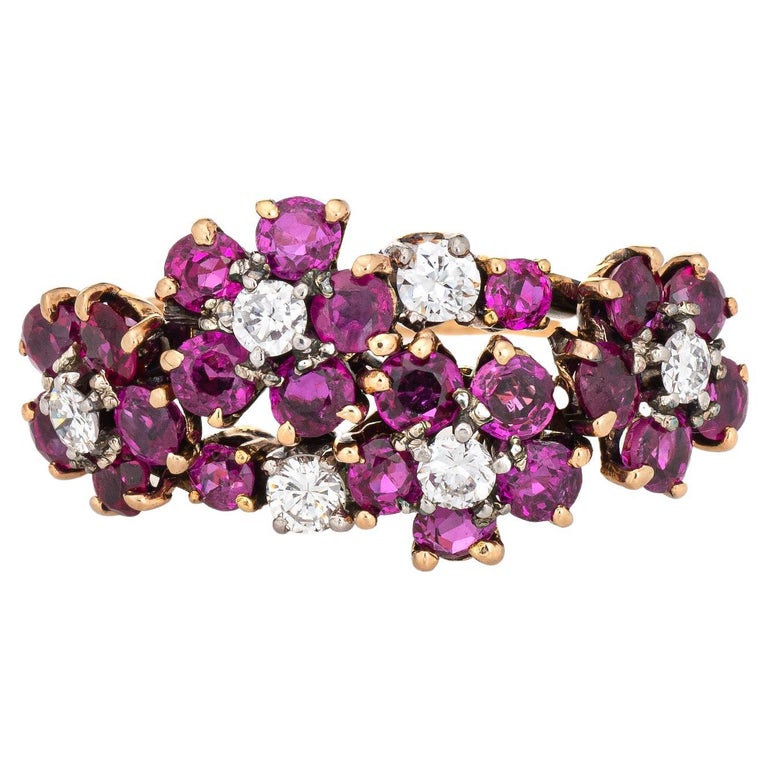 Vintage Ruby Diamond Flower Ring Posey 14k Yellow Gold Band Estate ...