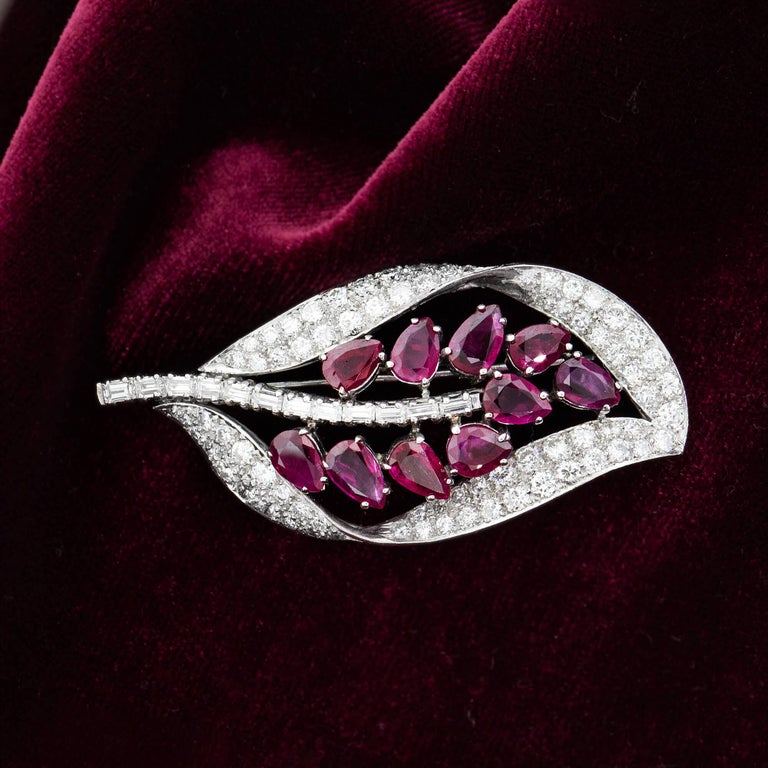 Vintage Ruby and Diamond Leaf Brooch C. 1980-90 For Sale at 1stDibs