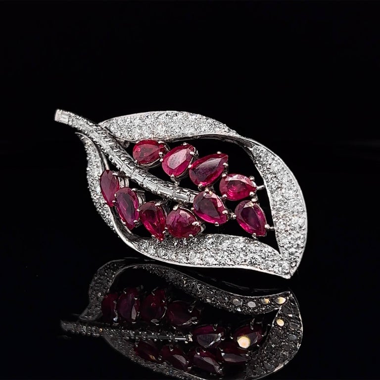 Vintage Ruby and Diamond Leaf Brooch C. 1980-90 For Sale at 1stDibs