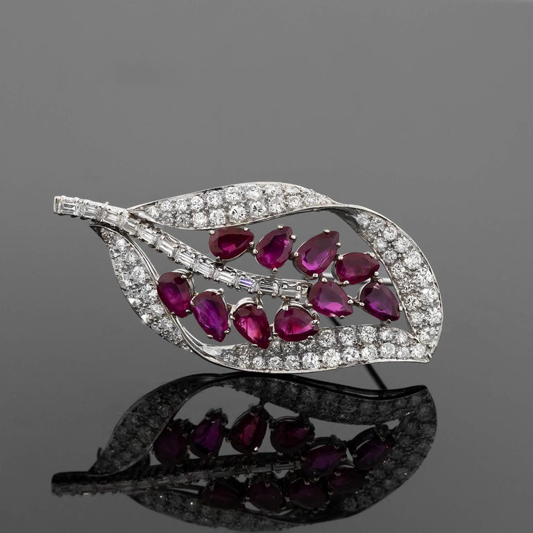 Vintage Ruby and Diamond Leaf Brooch C. 1980-90 For Sale at 1stDibs