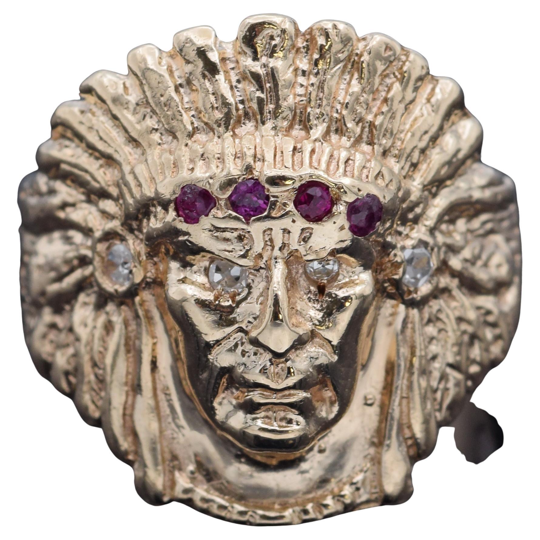 Vintage Ruby and Diamond Yellow Gold Indian Head Ring Size 7.5 For Sale ...